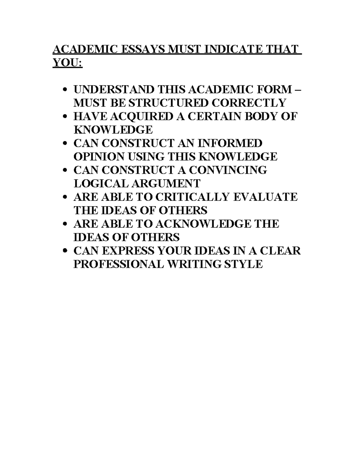 Academic Essay - ACADEMIC ESSAYS MUST INDICATE THAT YOU: UNDERSTAND ...