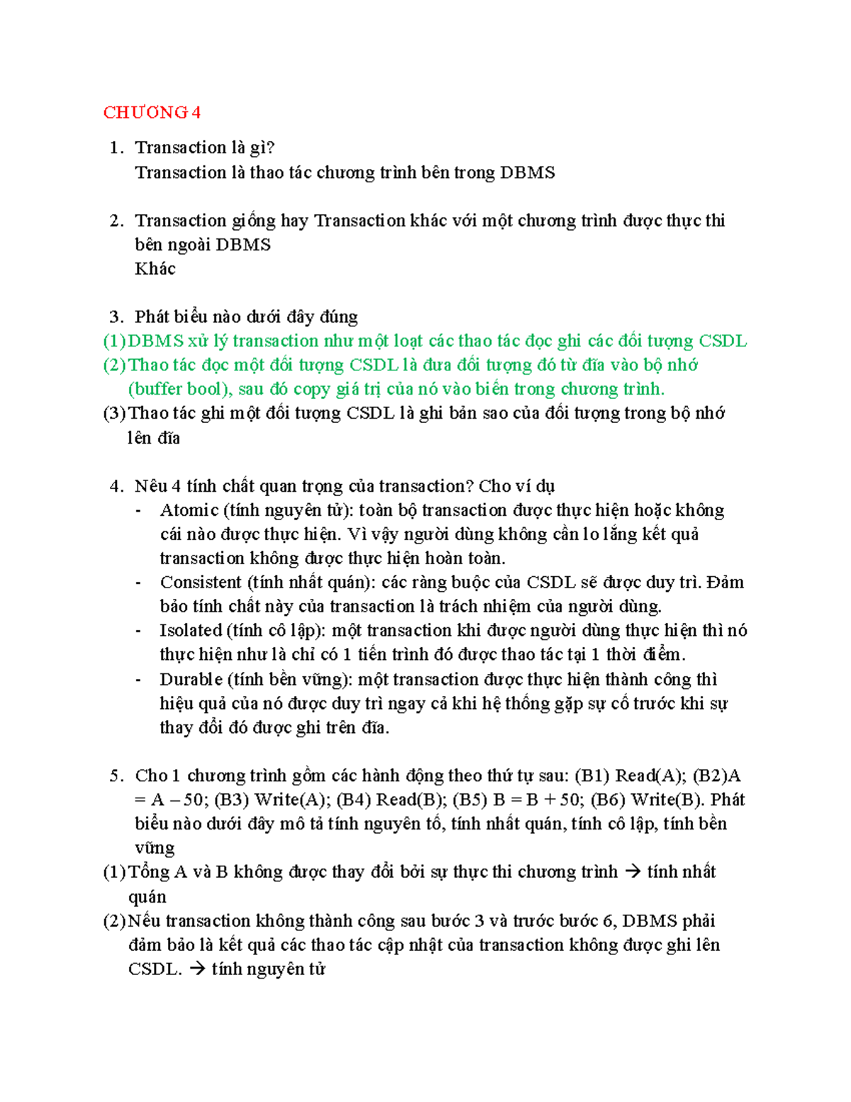Câu hỏi ôn tập chương 4 - CHƯƠNG 4 Transaction là gì? Transaction là ...