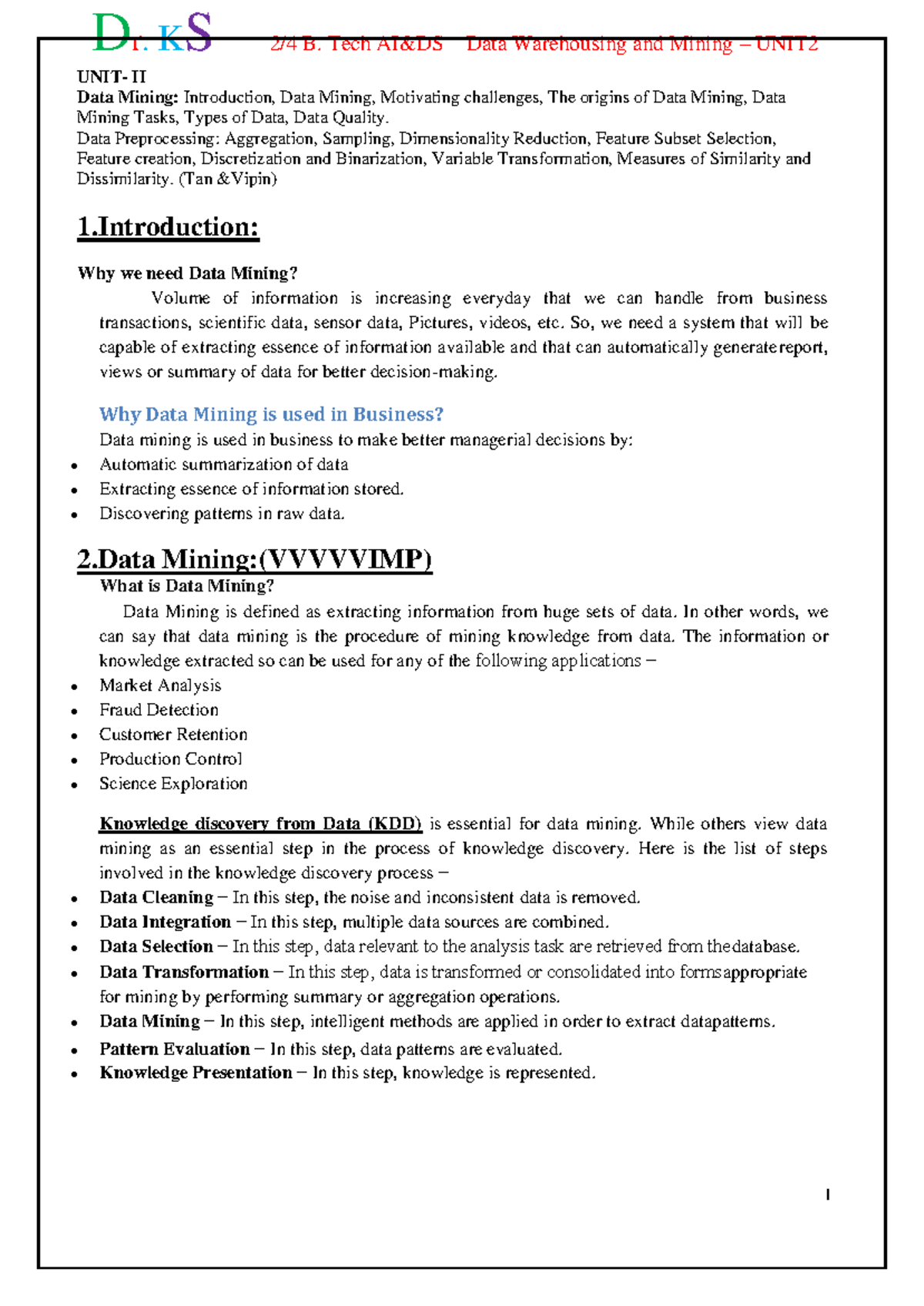 Unit2 Dm Data Mining Unit 2 Unit Ii Data Mining Introduction