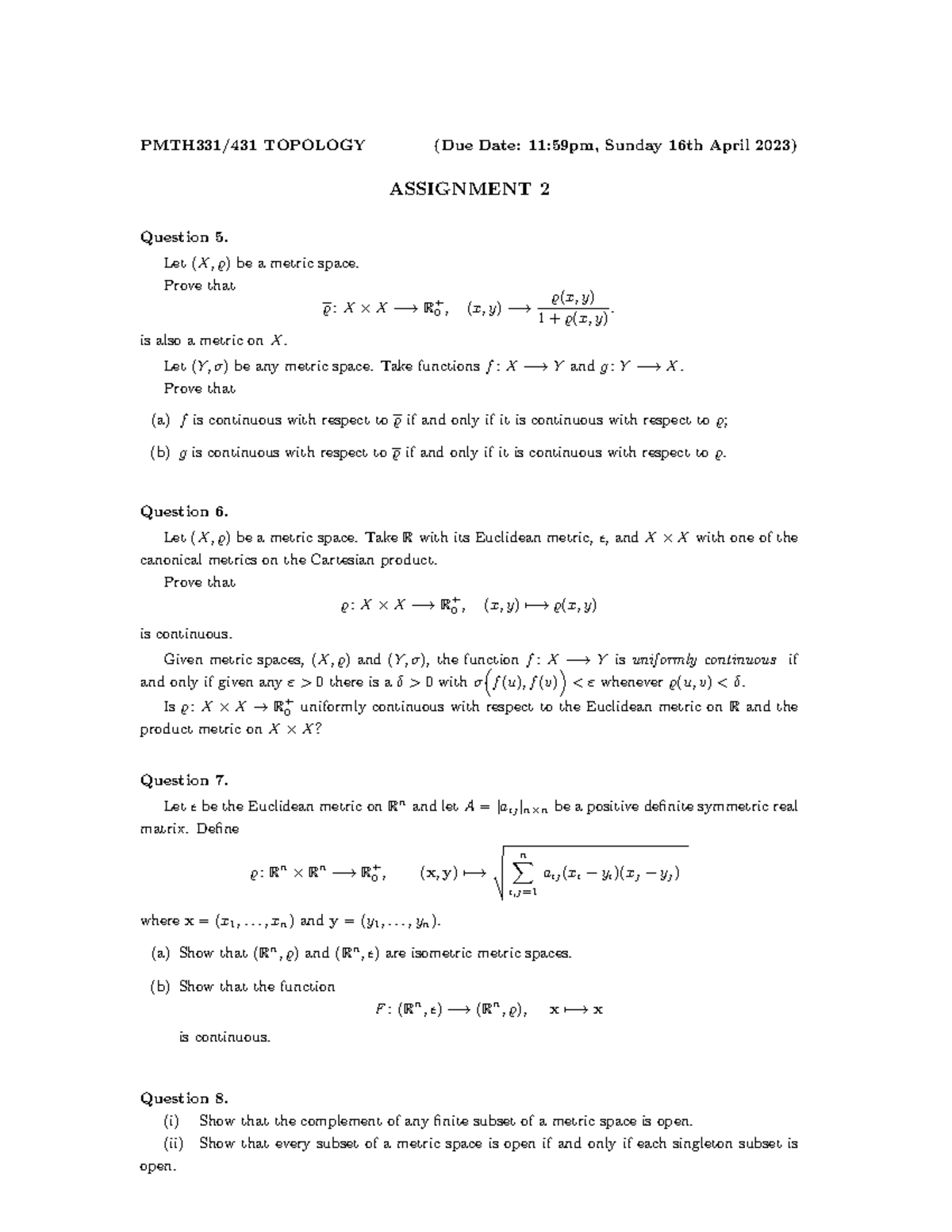 PMTH331 Assignment 2 - University content - PMTH331/431 TOPOLOGY (Due Date: 11:59pm, Sunday 16th ...