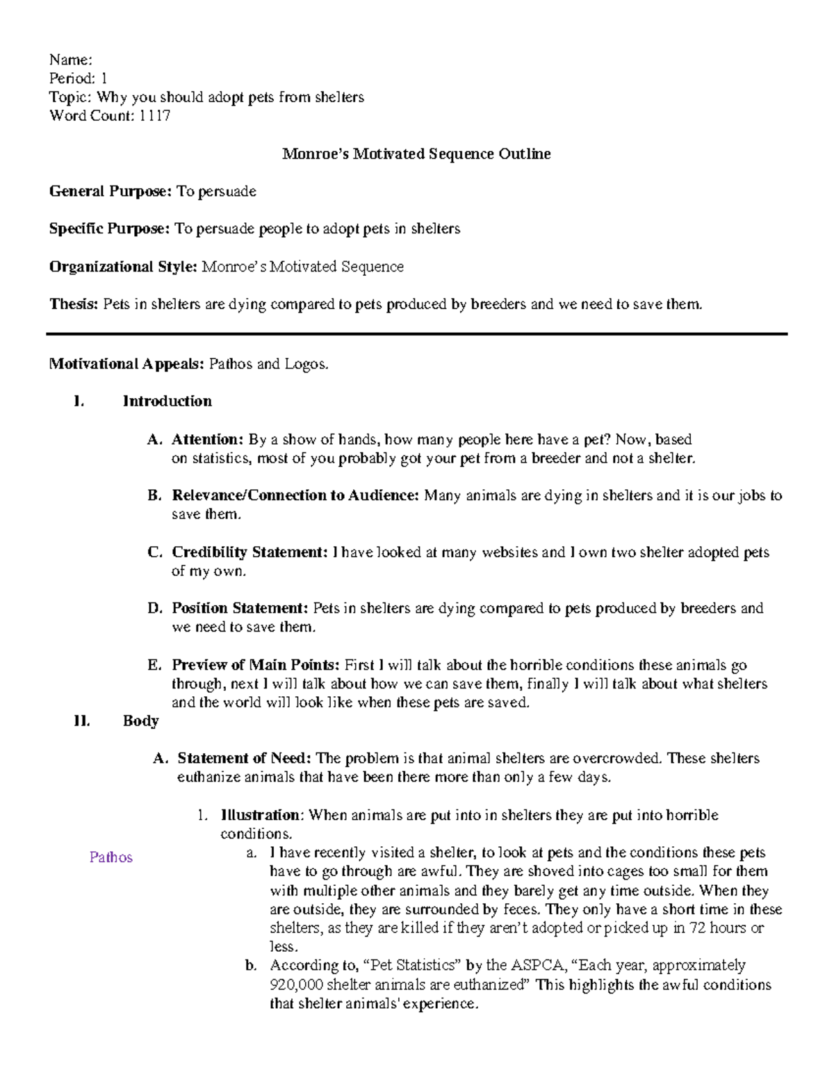 Per Outline Example - Name: Period: 1 Topic: Why you should adopt pets ...