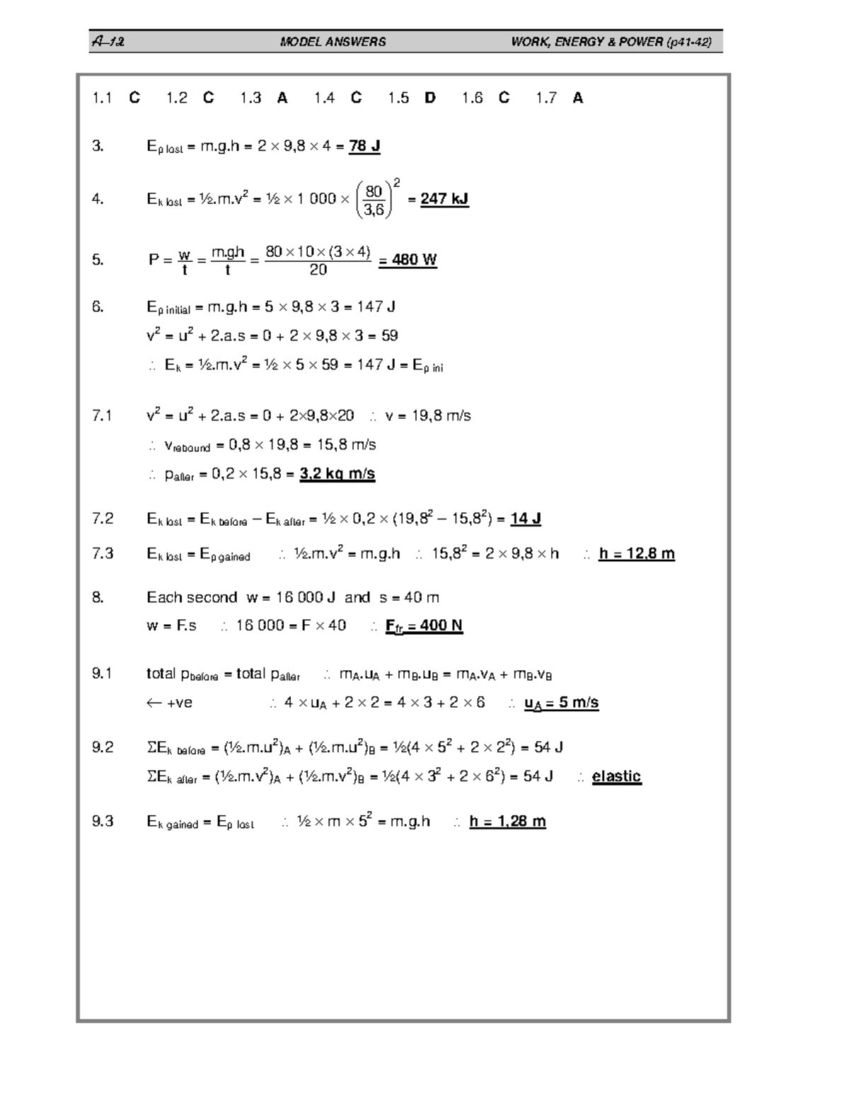 Physics 1 Note Book -WEP-Memo - A—12 MODEL ANSWERS WORK, ENERGY & POWER ...