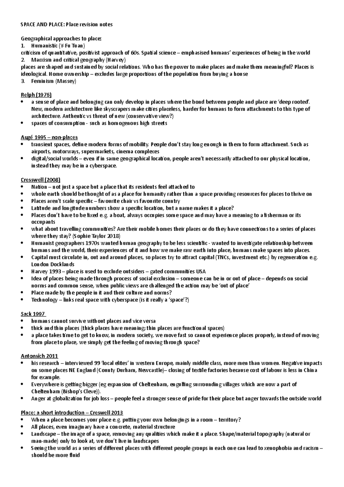 Human geography paper revision notes - SPACE AND PLACE: Place revision ...