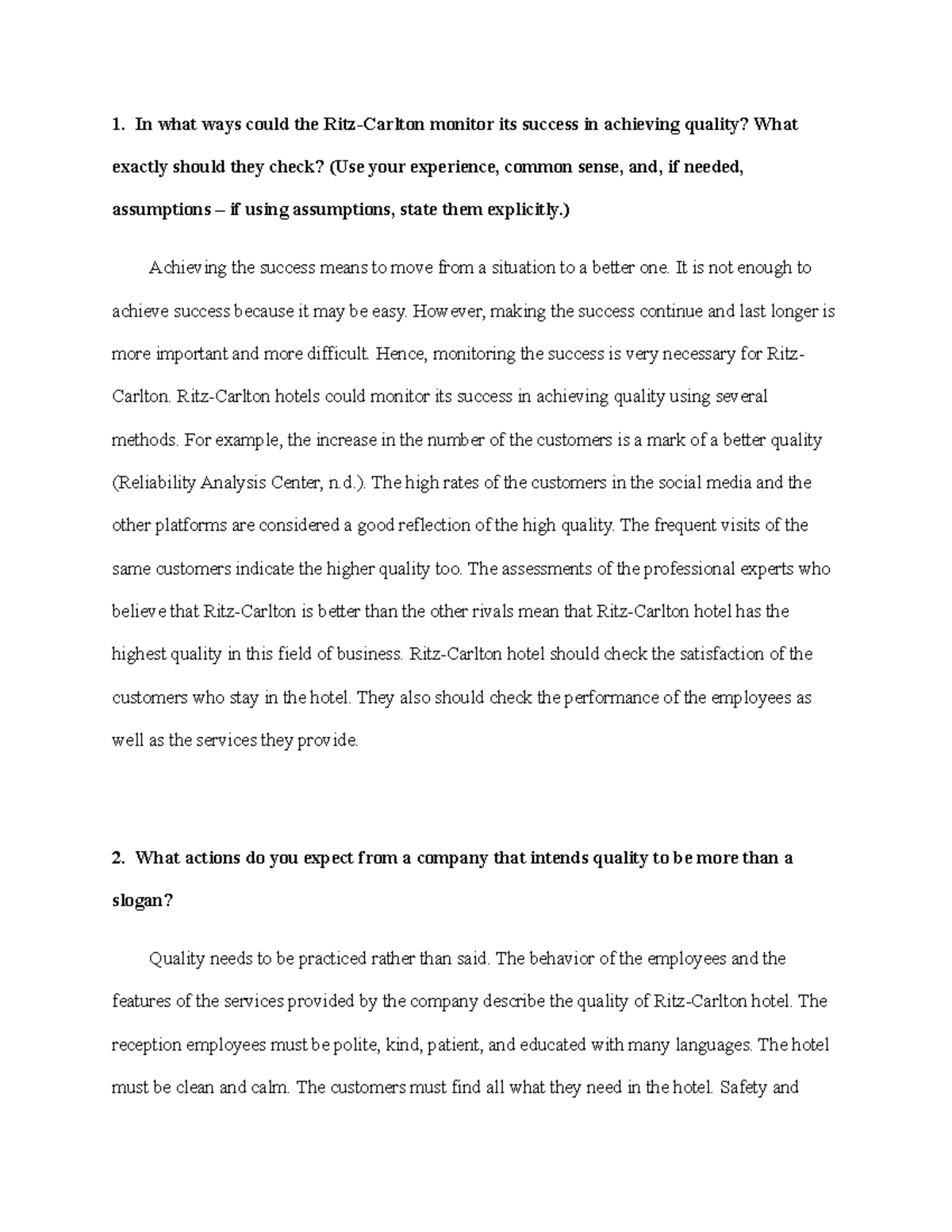 Written Assignment Unit 4 1 In What Ways Could The Ritz Carlton