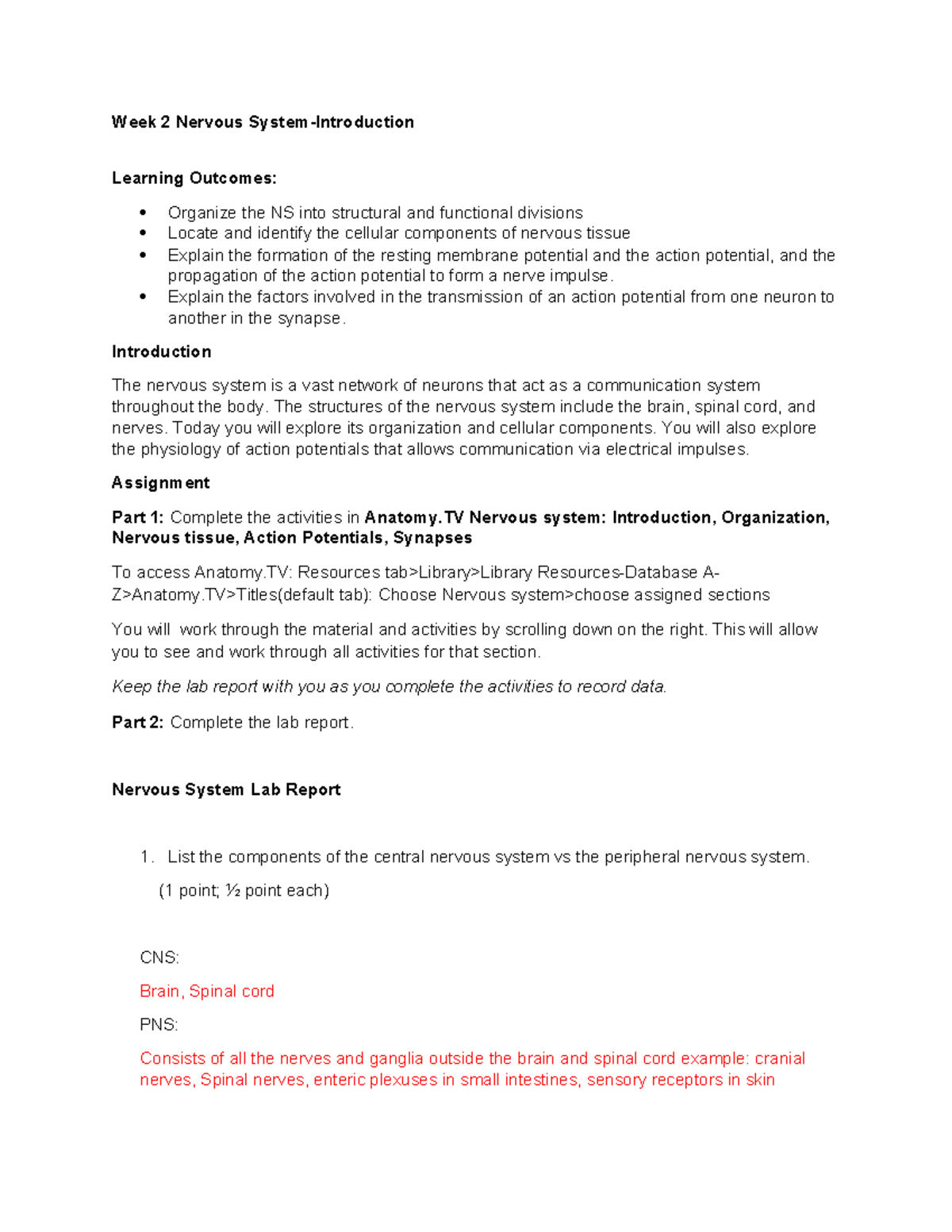 Wk 2 bio lab - LAB WK 2 - Week 2 Nervous System-Introduction Learning ...