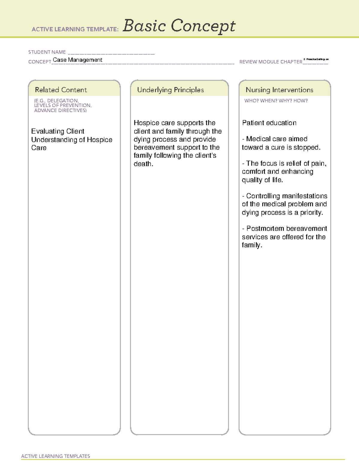 Basic concept Hospice Care - NURS 338 - ACTIVE LEARNING TEMPLATES Basic ...