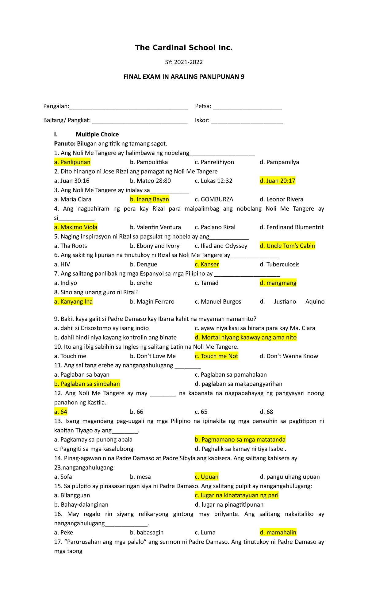 Final EXAM Filipino 9 Answer KEY The Cardinal School Inc SY 2021