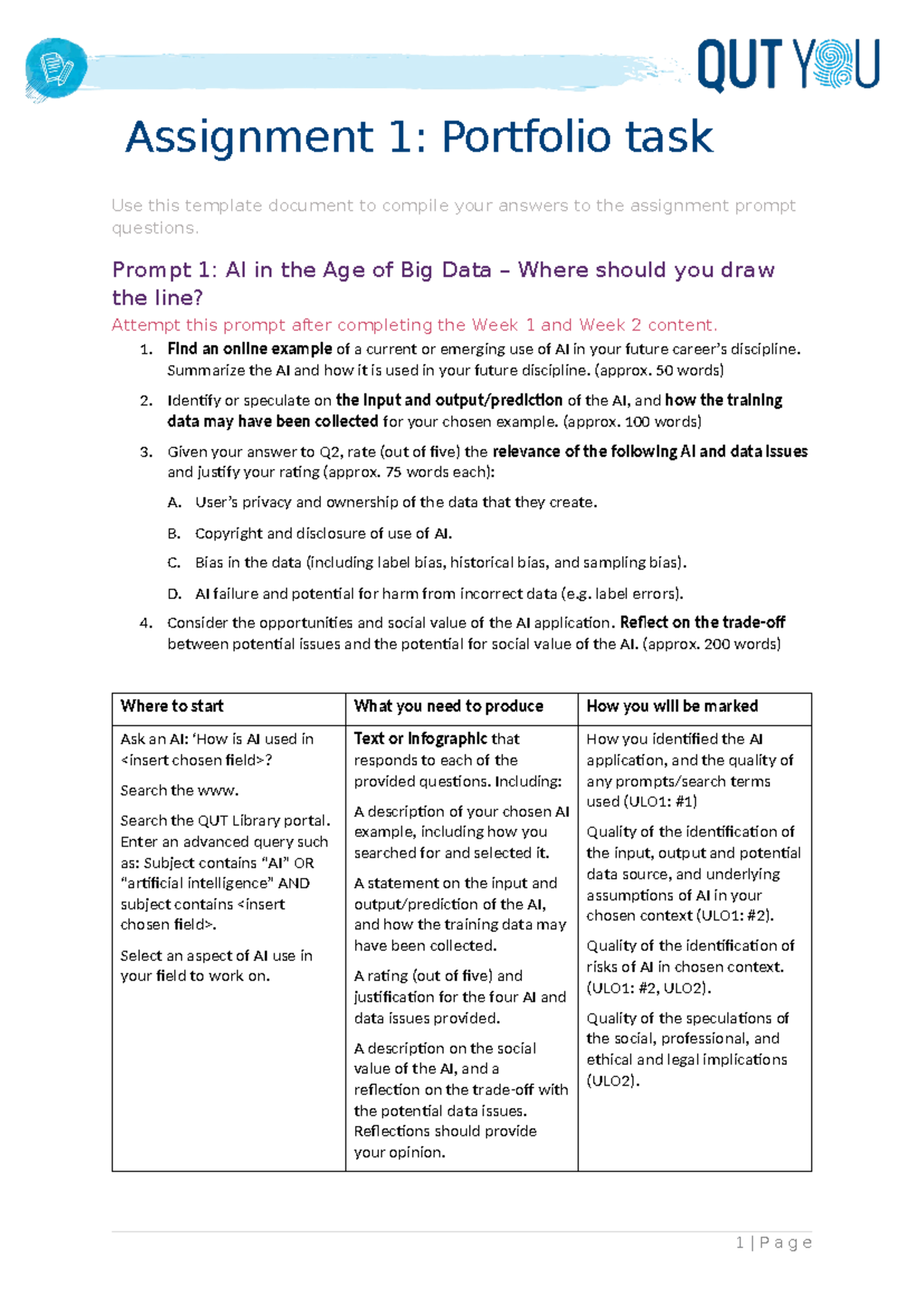 QUT You AI assignment - Assignment 1: Portfolio task Use this template ...