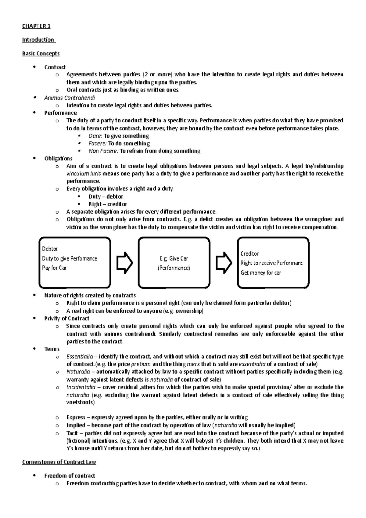 Chapter 1 notes - Debtor Duty to give Perfomance Pay for Car E. Give ...