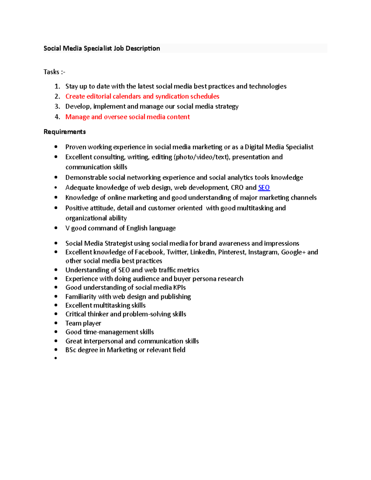 Social media JD from market Draft - Social Media Specialist Job ...