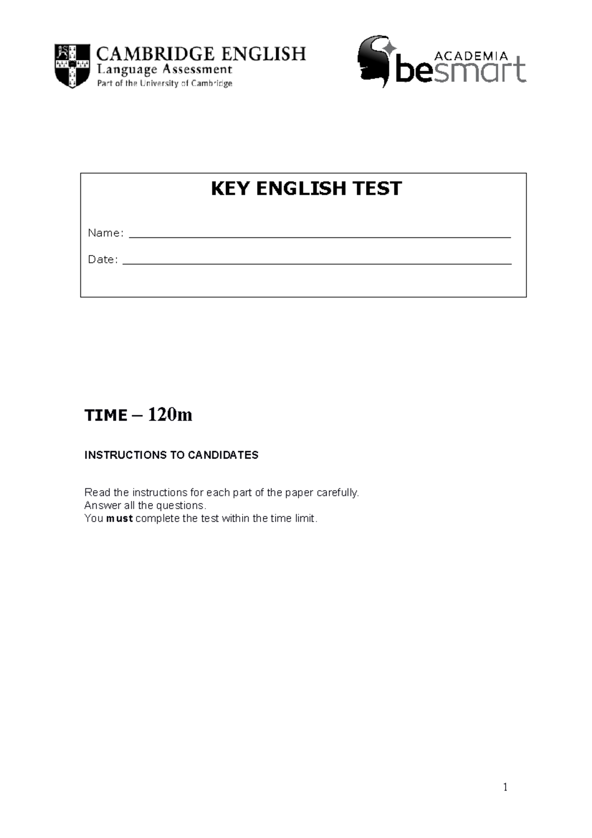 Be Smart English TEST OPEN World 2º Periodo - TIME – 120m INSTRUCTIONS ...