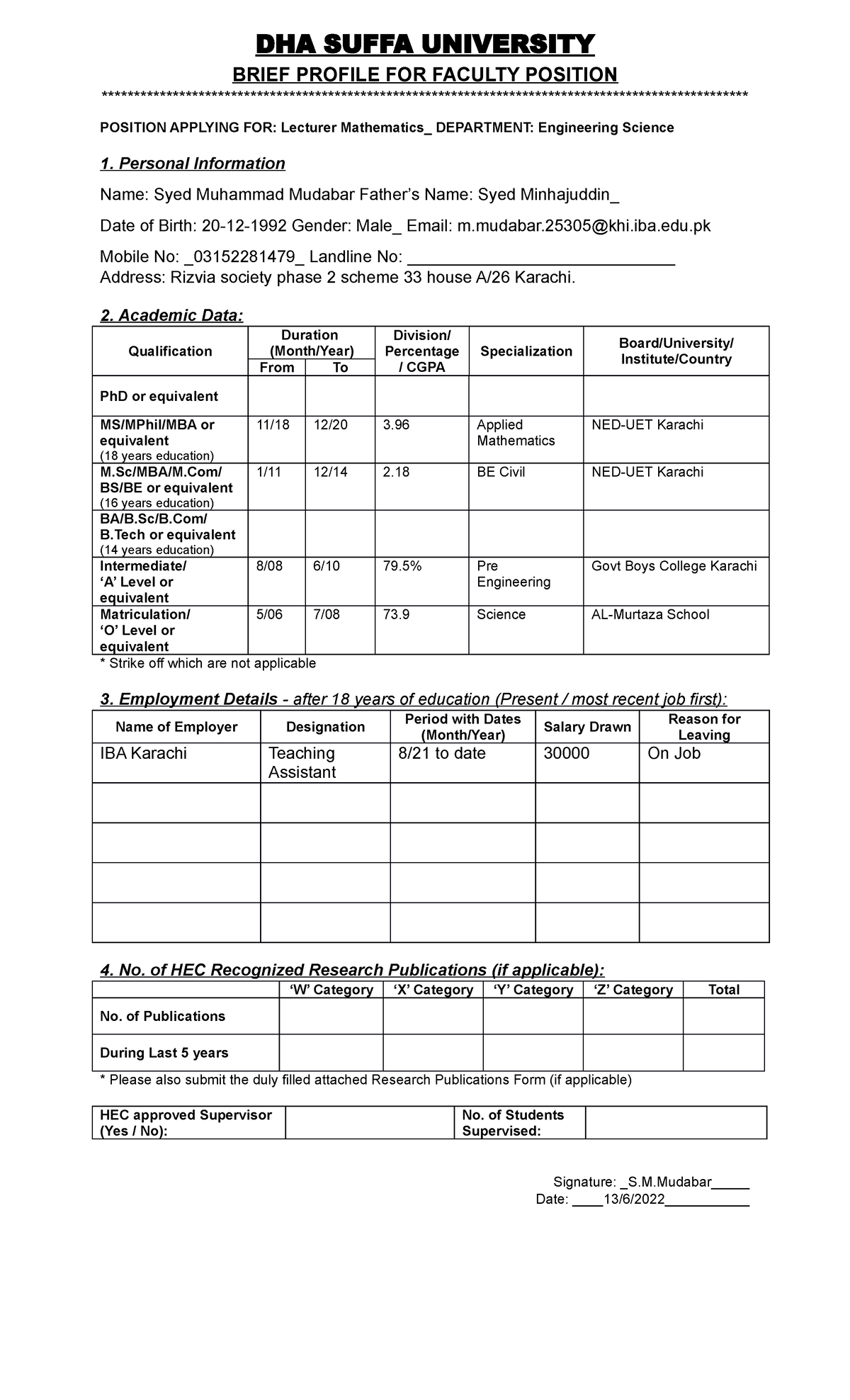 Brief Profile for Faculty Position - DHA SUFFA UNIVERSITY BRIEF PROFILE ...