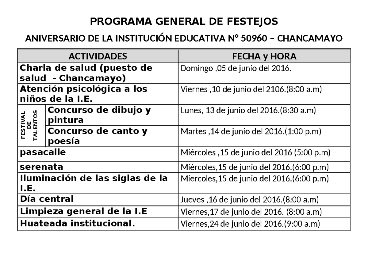 Programa General DE Festejos - PROGRAMA GENERAL DE FESTEJOS ANIVERSARIO DE LA INSTITUCIÓN ...
