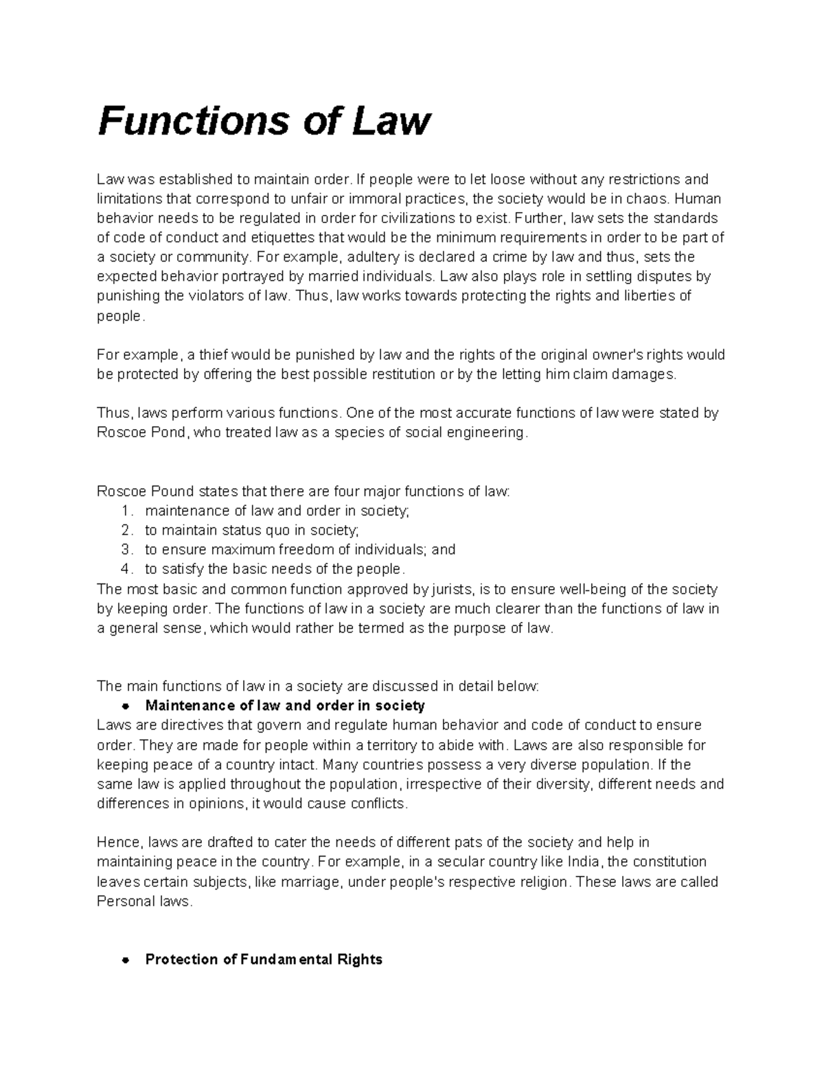 Functions of Law - Law notes - Functions of Law Law was established to ...