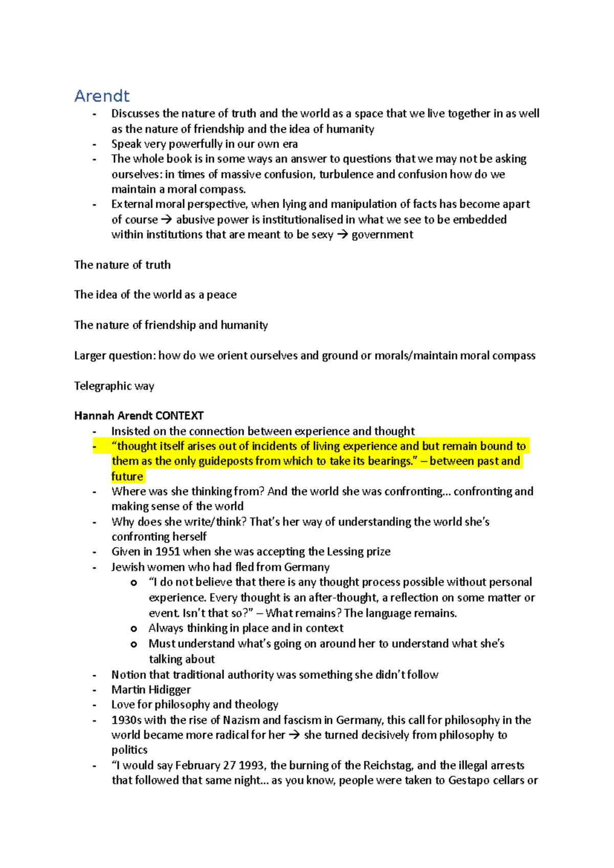 Hannah Arendt Lecture Notes - Arendt - Discusses the nature of truth ...