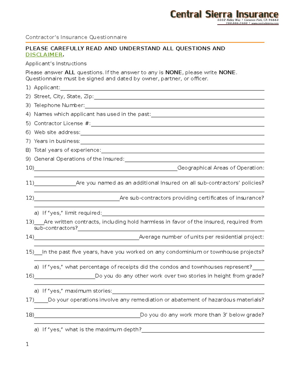 Insurance Questionnaire - Contractor’s Insurance Questionnaire PLEASE ...