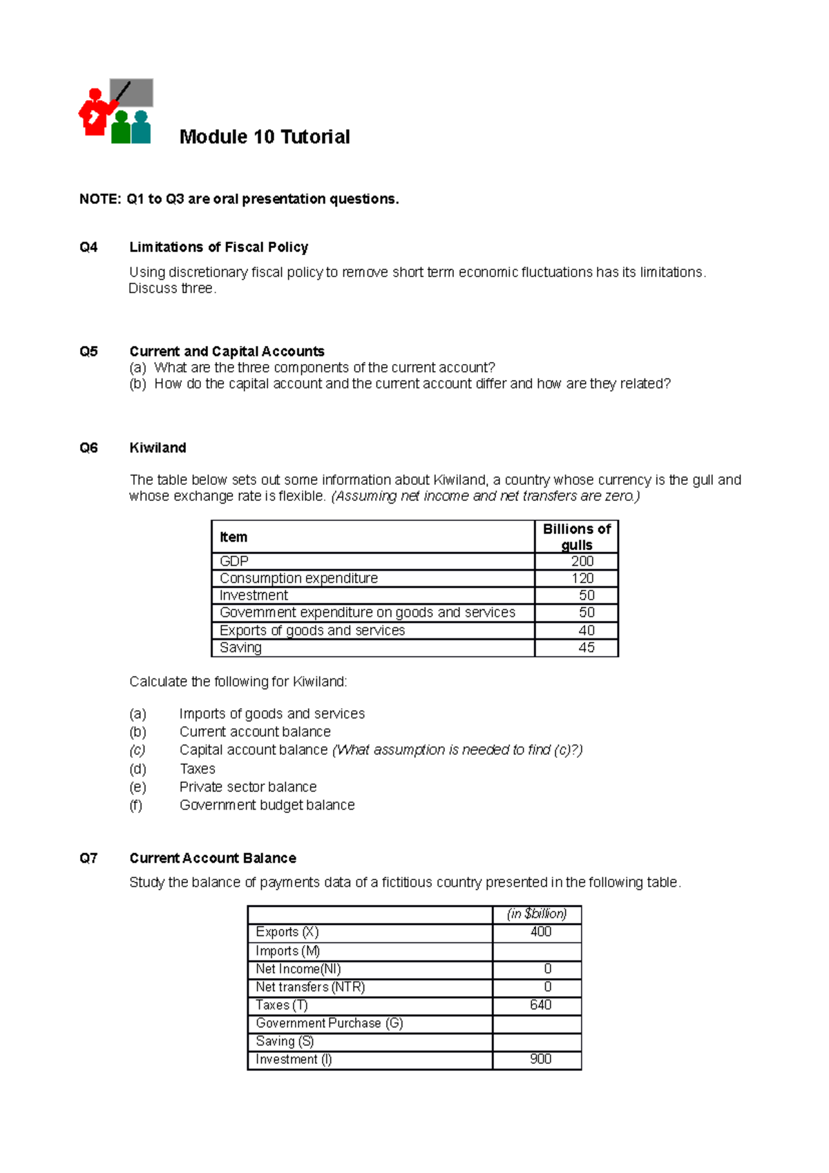 Tutorial Questions Module 10 - Module 10 Tutorial NOTE: Q1 to Q3 are ...