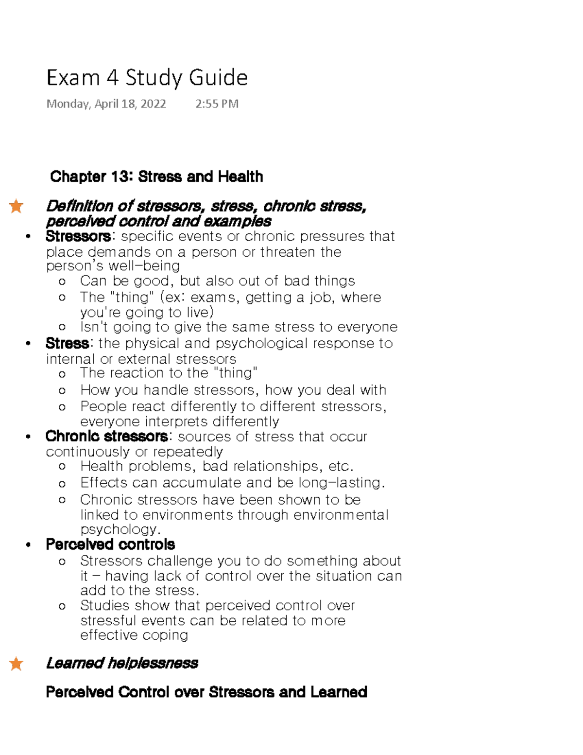 Exam 4 Study Guide (Comprehensive) - Chapter 13 : Stress and Health ...