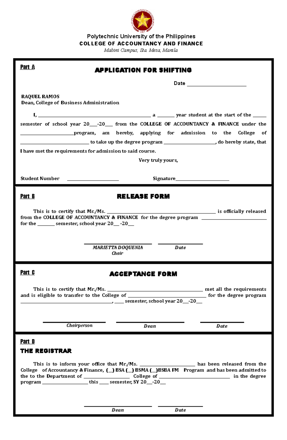 Shifting FORM EDIT MO OK - APPLICATION FOR SHIFTING Date ...