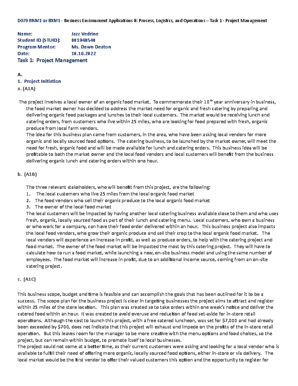 D079 - Task 1 10 - task 1 - D079 RNM1 or BXM1 - Business Environment ...