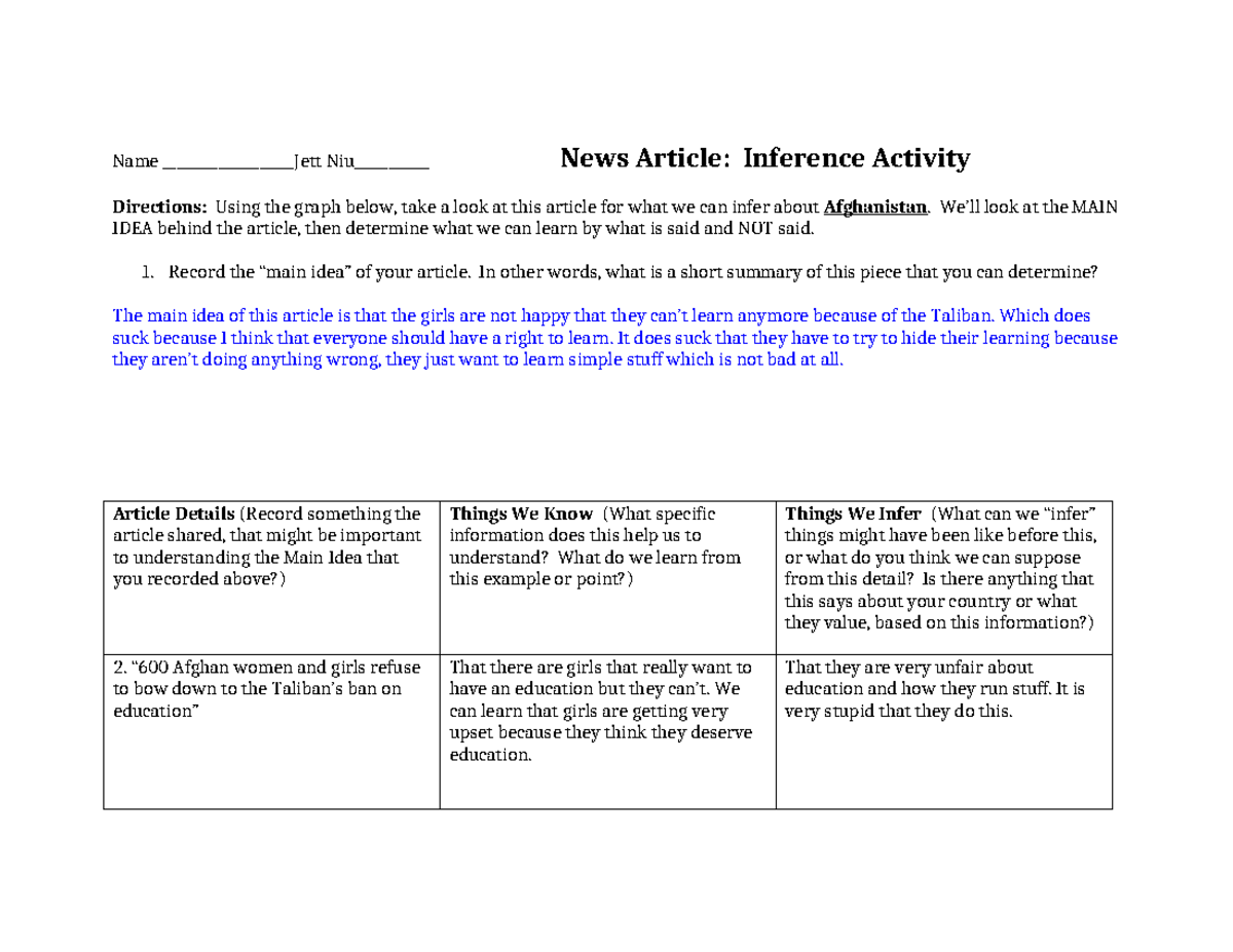 Copy of Afghan News Article - Name ________Jett Niu News Article ...