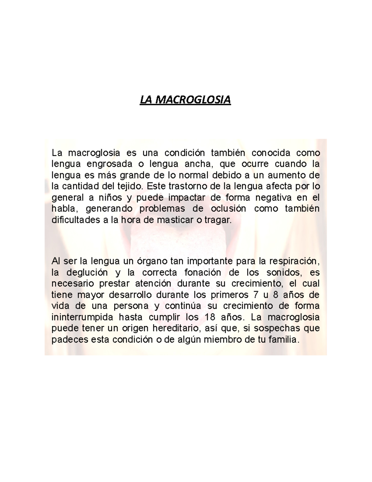 LA Macroglosia - ASFEF - LA MACROGLOSIA La macroglosia es una condición ...