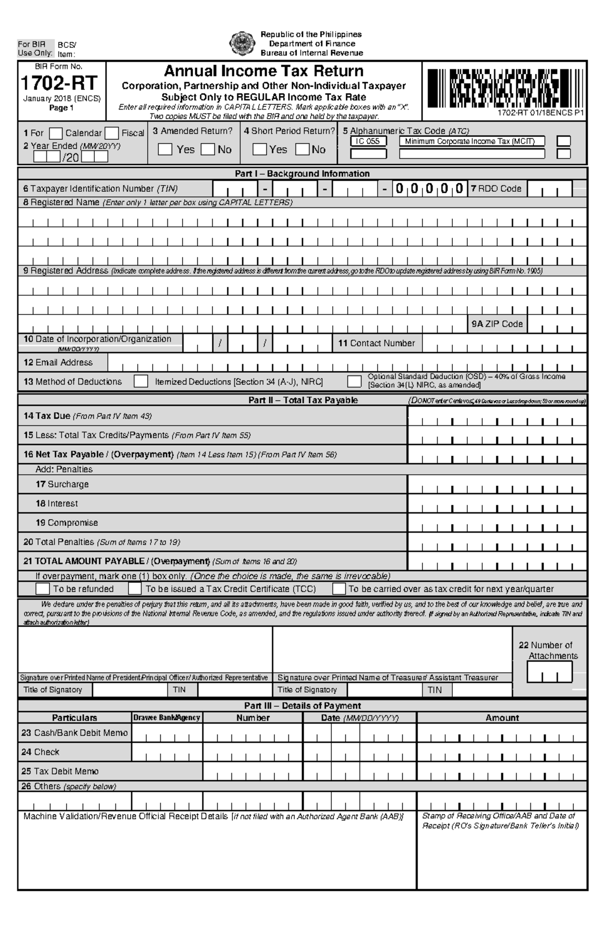 BIR Form No. 1702-RT - Taxation - BIR Form No. 1702-RT January 2018 ...