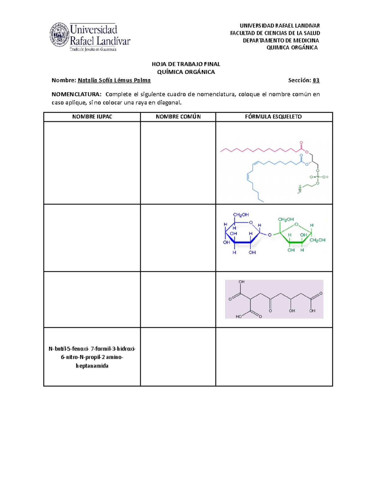 HOJA DE Trabajo Final quimica organica - FACULTAD DE CIENCIAS DE LA ...