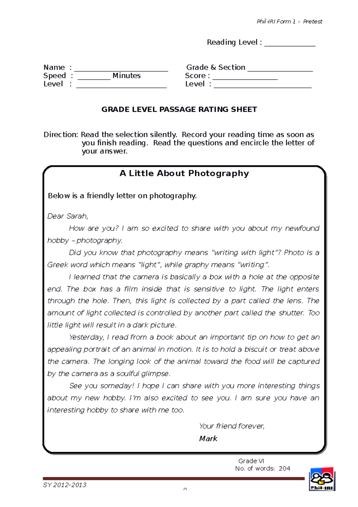 Grade 6.A Little About Photography - Reading Level ...