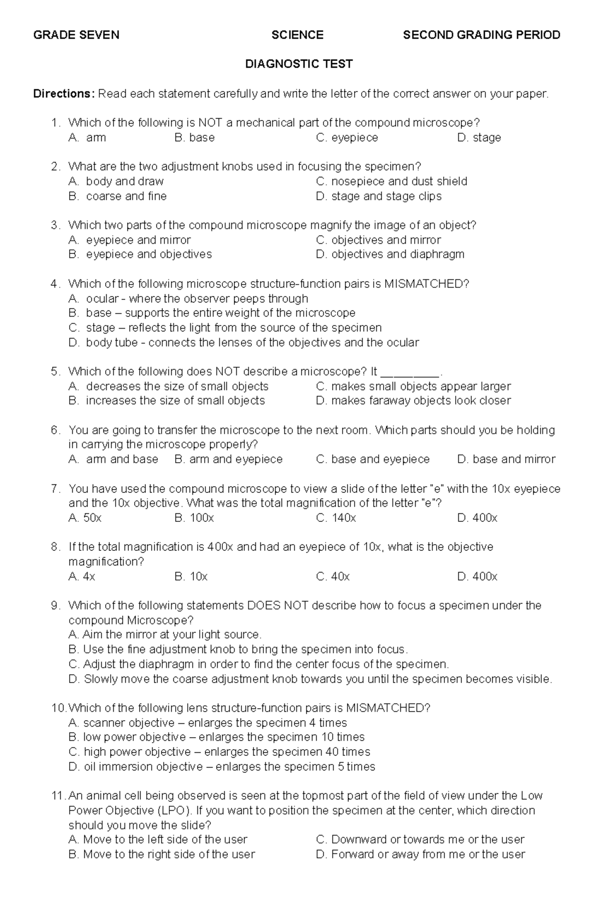 Diagnostic Test 2nd Quarter - GRADE SEVEN SCIENCE SECOND GRADING PERIOD ...