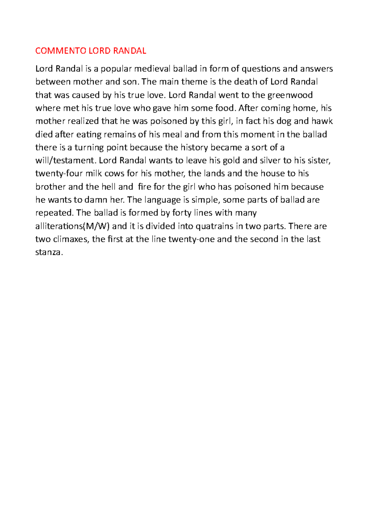 Commento della ballata Lord Randal - COMMENTO LORD RANDAL Lord Randal ...