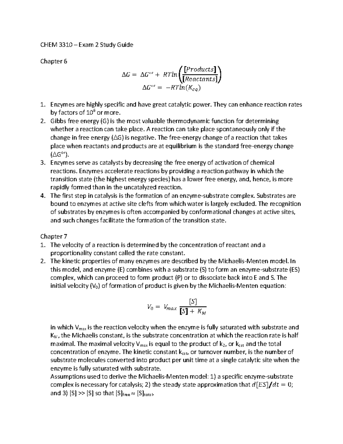 Exam 2 Study Guide - Exam 2 Important Topics - CHEM 3310 – Exam 2 Study ...