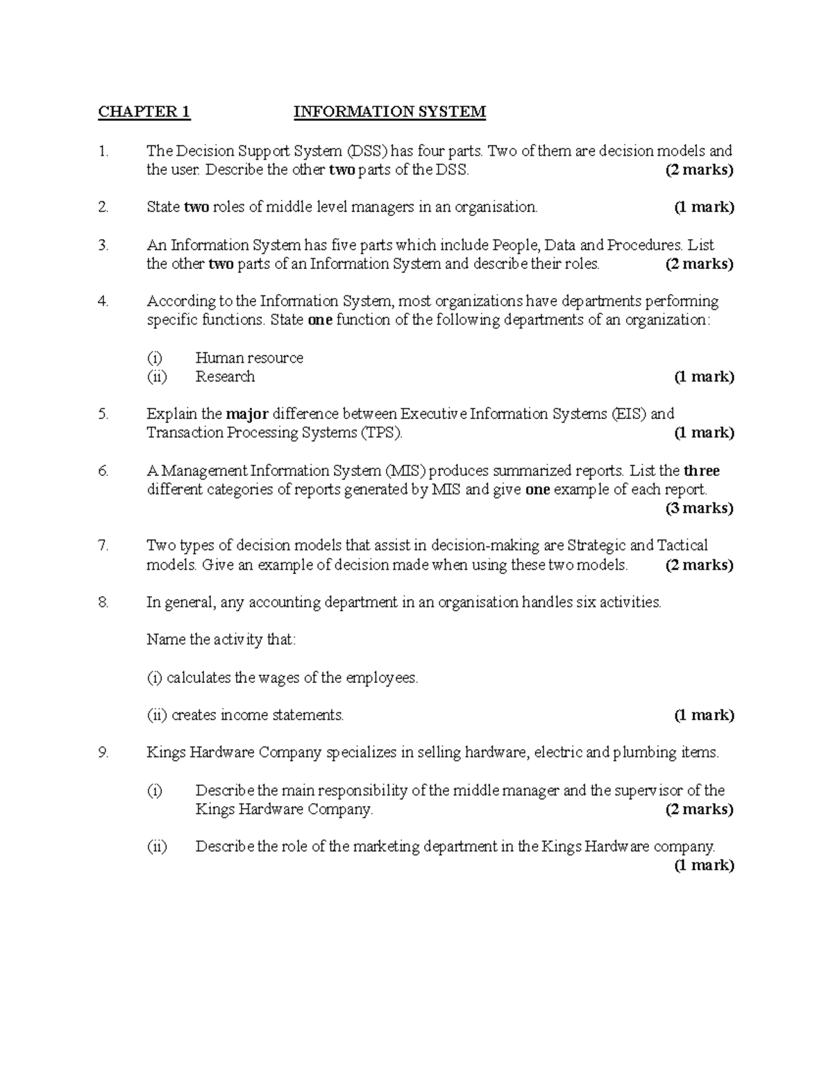 Chapter 1 Information System Questions PDF - CHAPTER 1 INFORMATION SYSTEM The Decision Support ...