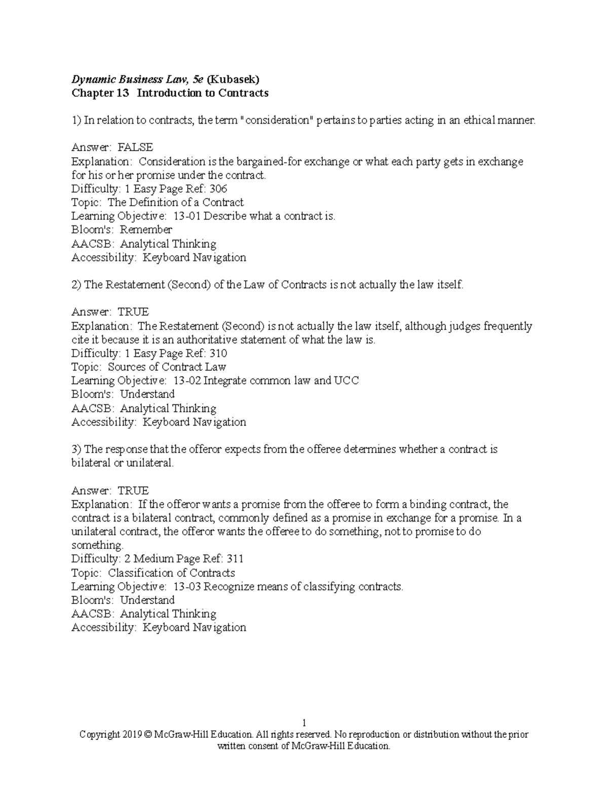 Kubasek 5e chapter 13 tb answerkey - Dynamic Business Law, 5e (Kubasek ...