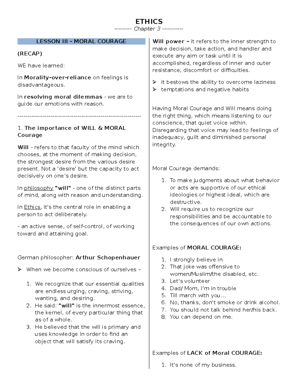 Ethics CHPT3 - ETHICS - Chapter 3 - LESSON III - MORAL COURAGE (RECAP ...