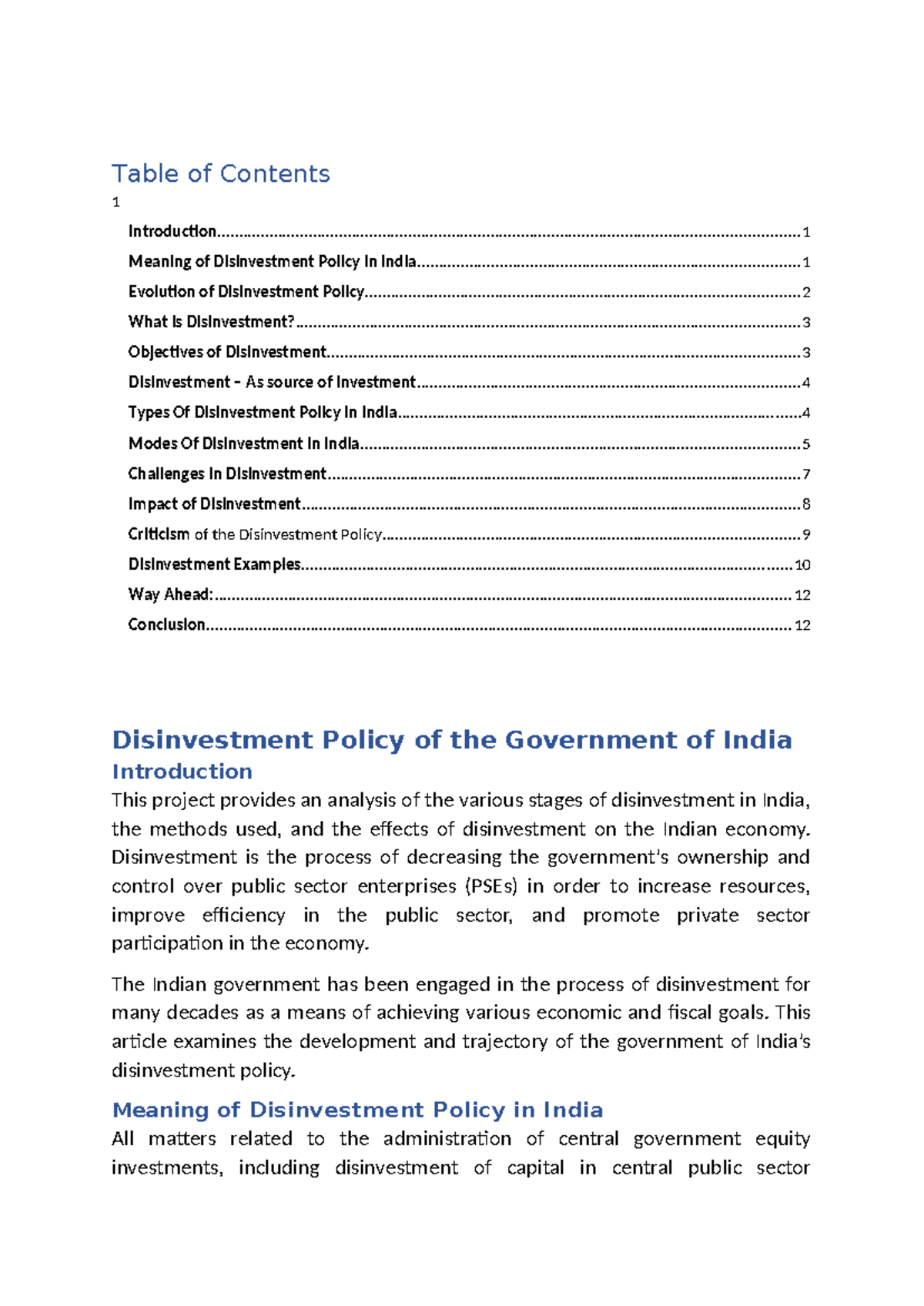 Disinvestment Policy of the Government of India - Table of Contents 1 ...