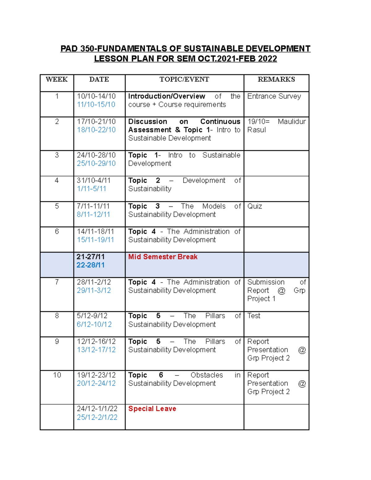 1. PAD350-Lesson Plan Sem Oct - PAD 350-FUNDAMENTALS OF SUSTAINABLE ...