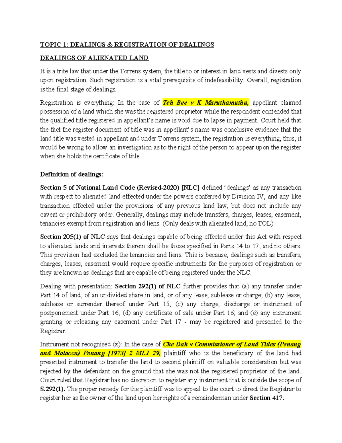 Topic 1 Dealings - TOPIC 1: DEALINGS & REGISTRATION OF DEALINGS ...