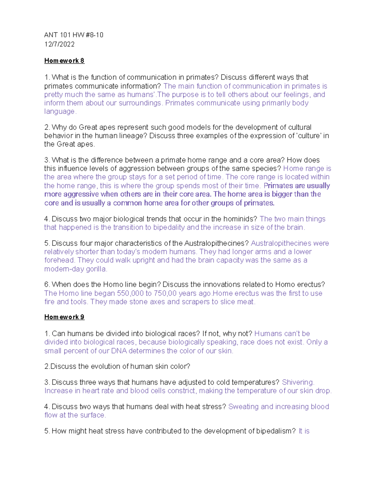 ANT 101 HW 8-10 - Multiple assignments based on the textbook - ANT 101 HW #8- 12/7/ Homework 8 ...