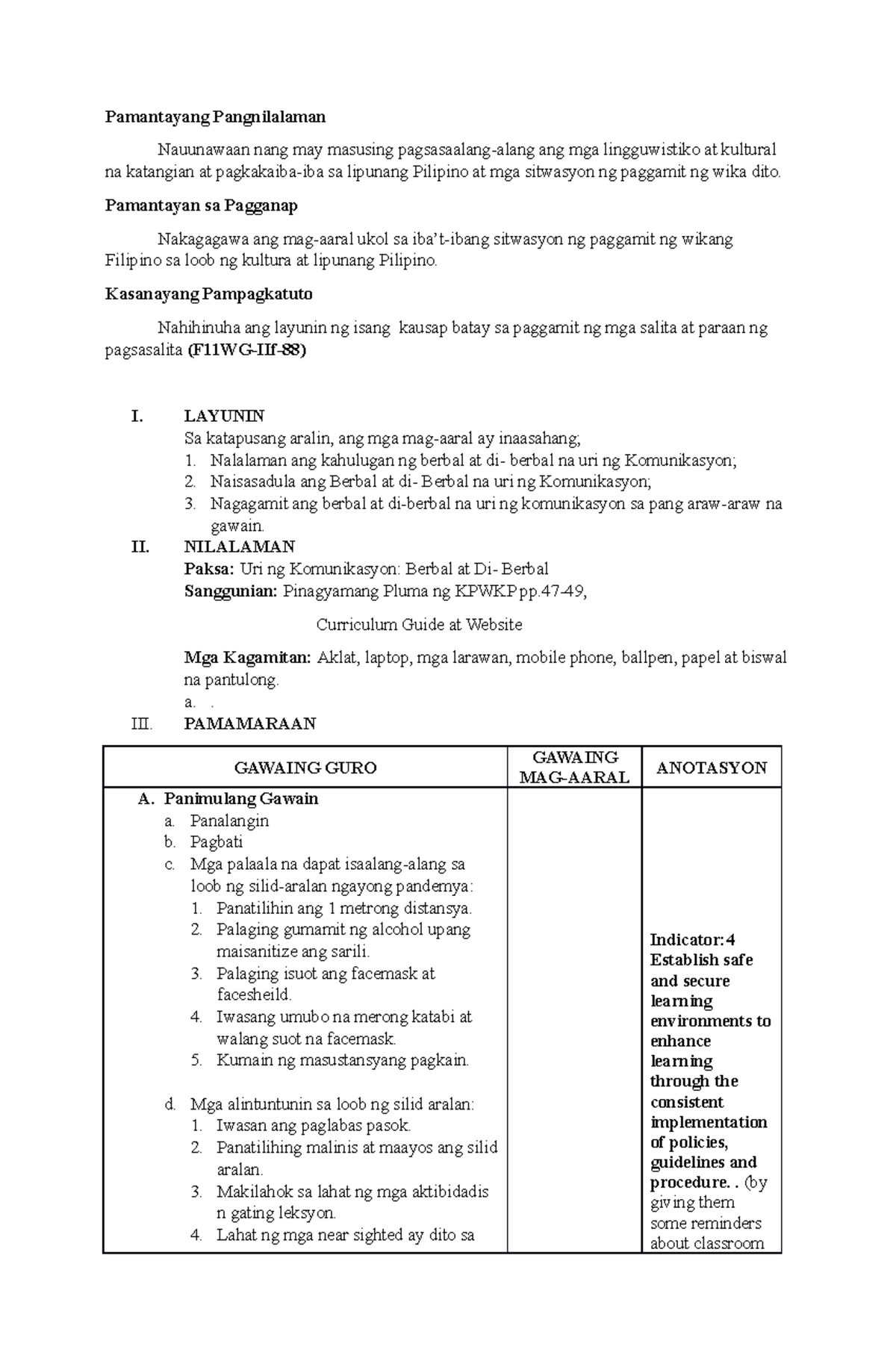 Co2 - lesson plan for pagbasa at pagsulat. - Pamantayang Pangnilalaman ...