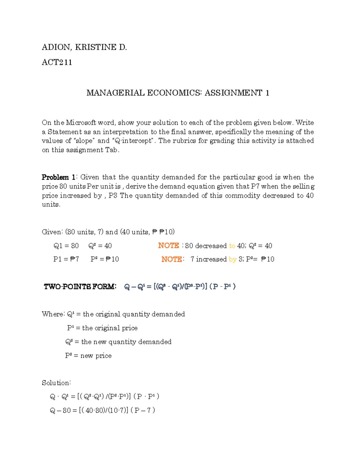 ( Managerial Economics Final Assignment 1 ) - ADION, KRISTINE D. ACT ...