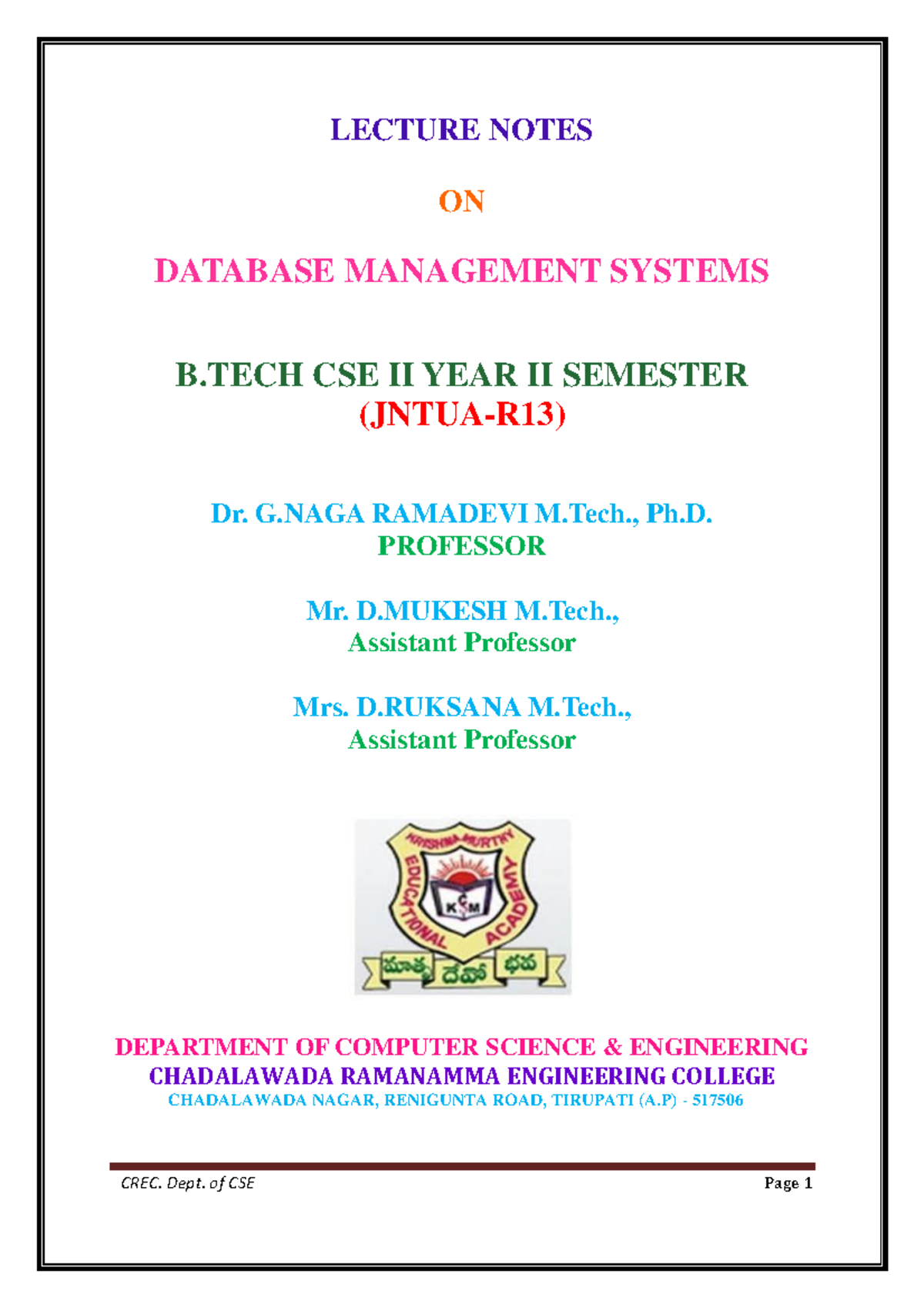 Database Management Systems Notes 1 - LECTURE NOTES ON DATABASE ...