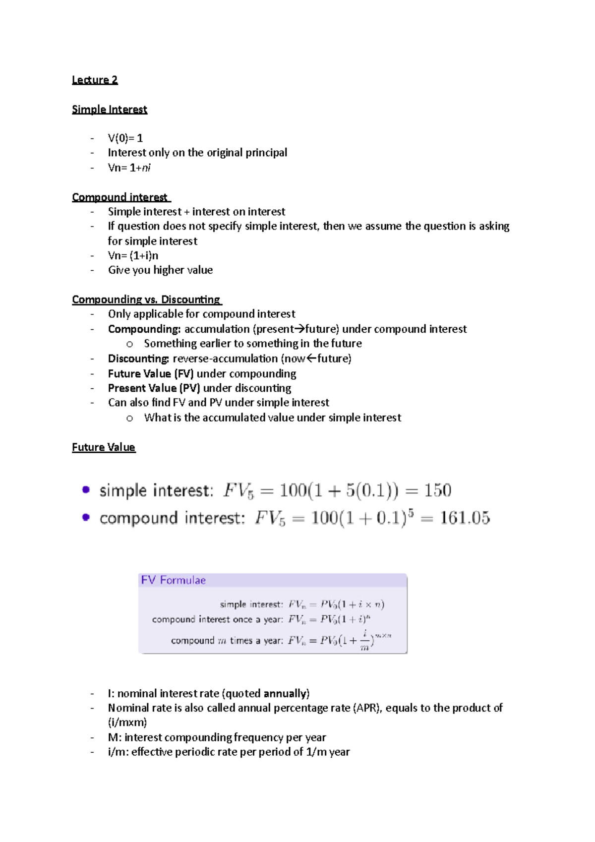Lecture 2 - Lecture 2 Simple Interest V(0)= 1 Interest only on the original principal Vn= 1+ni ...