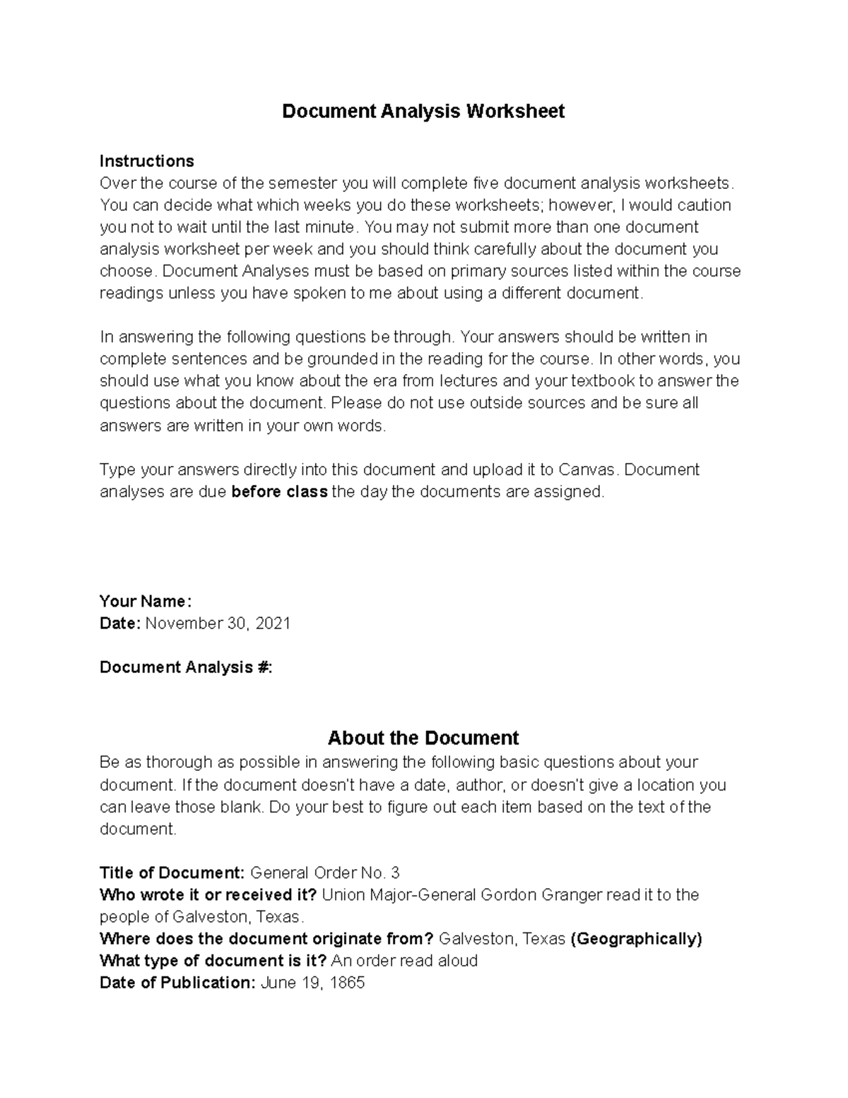 Document Analysis Emancipation - Document Analysis Worksheet Instructions Over the course of the ...