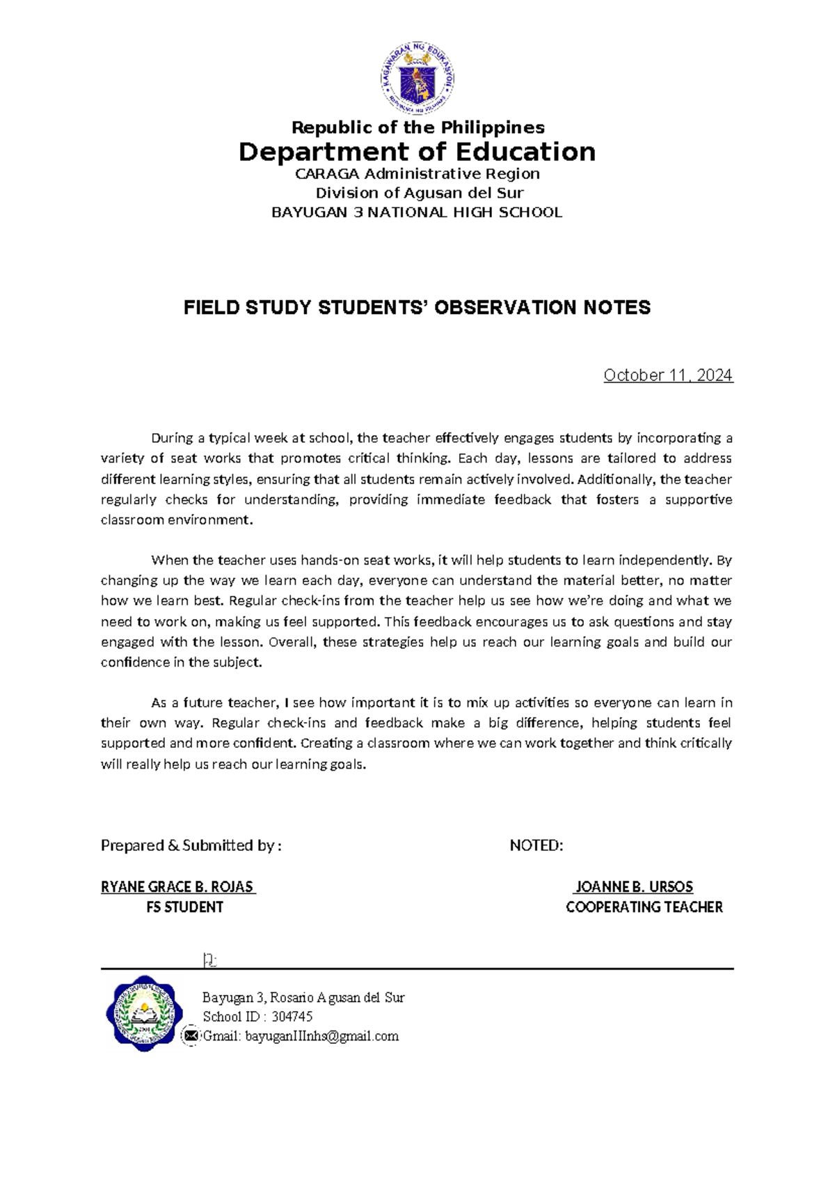 FS-Observation-Notes - Bayugan 3, Rosario Agusan del Sur School ID ...