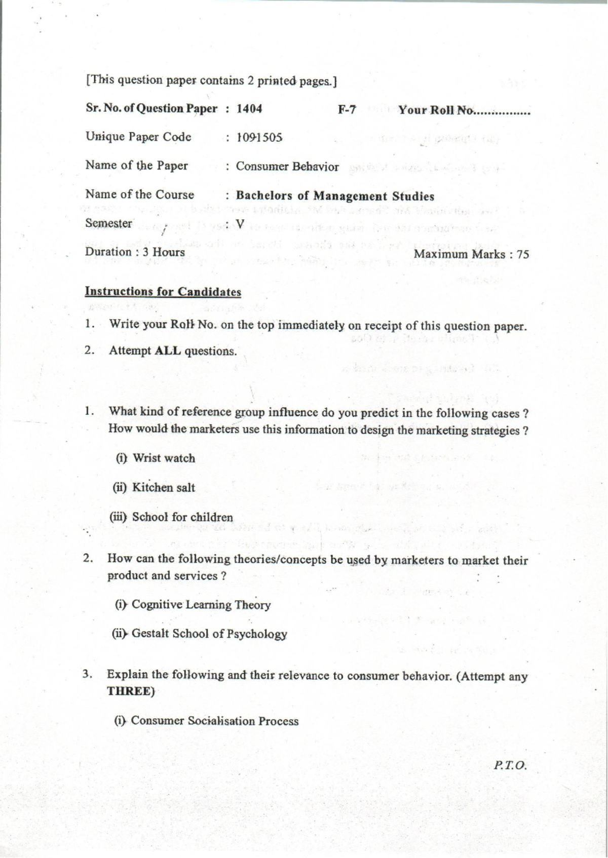 Consumer behaviour 2016 - question paper contains 2 printed Sr. No. of ...