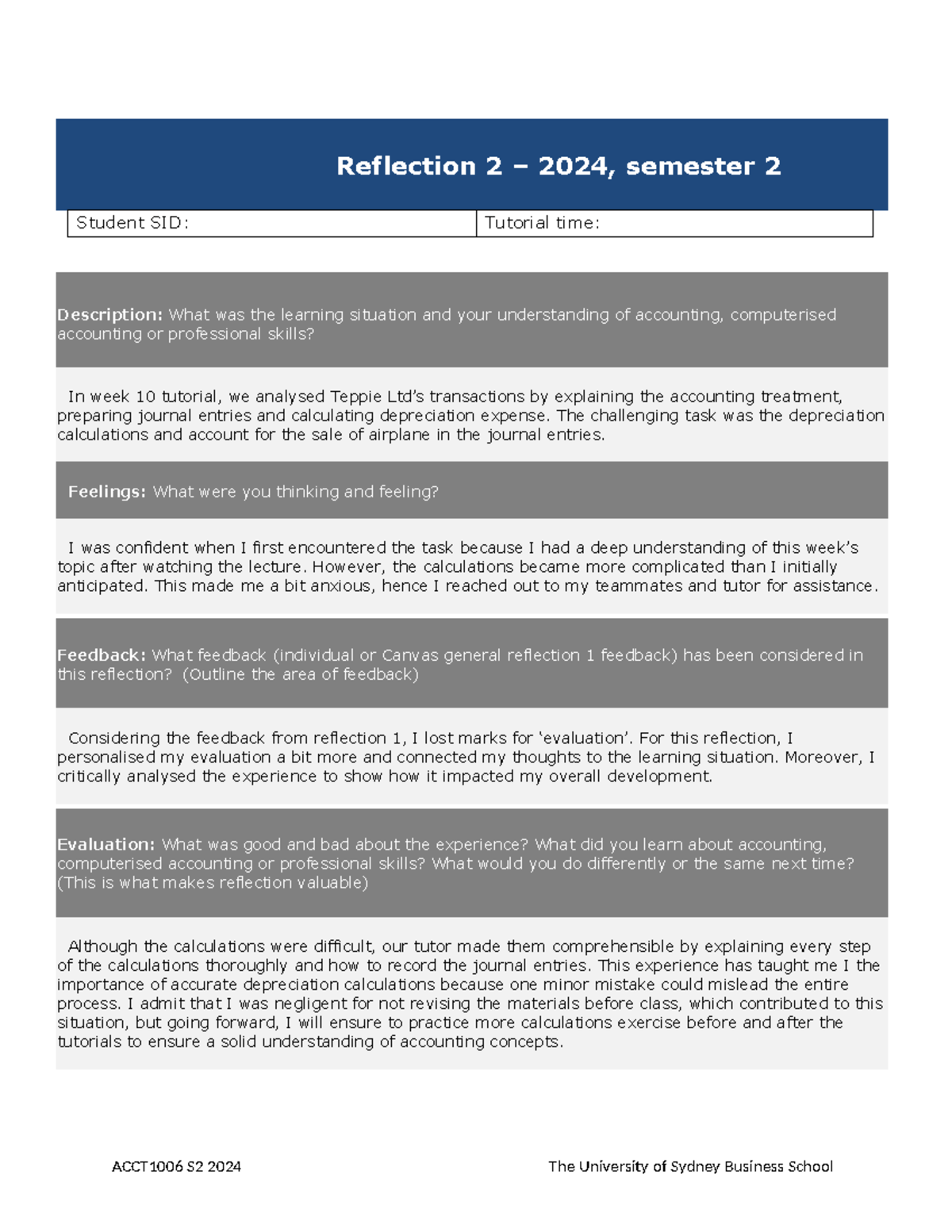 Reflection 2 Assessment - Reflection 2 – 2024, semester 2 Student SID ...