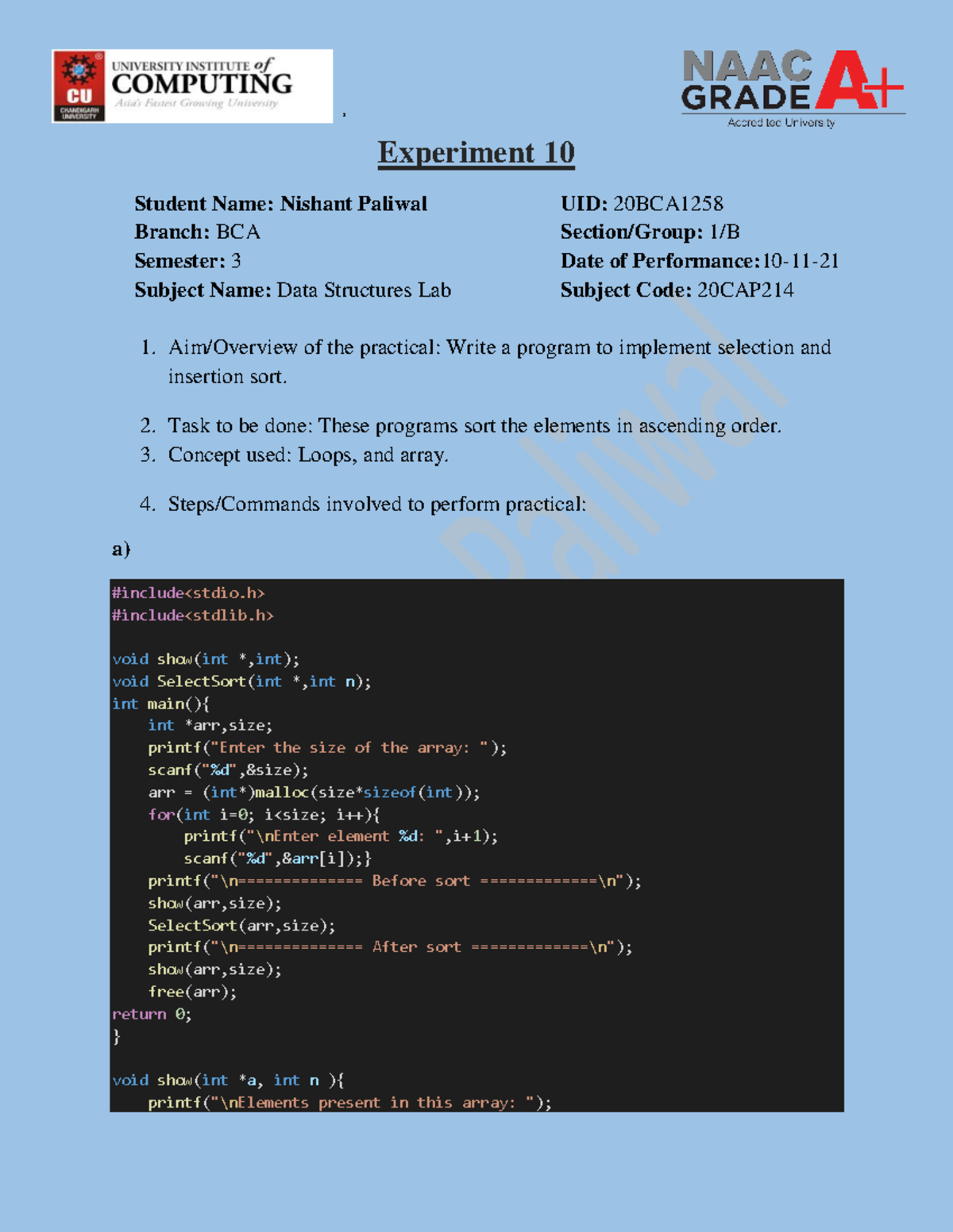 20BCA1258 Nishant Paliwal Experiment 10 Data Structuers LAB - 2 Experiment 10 Student Name ...