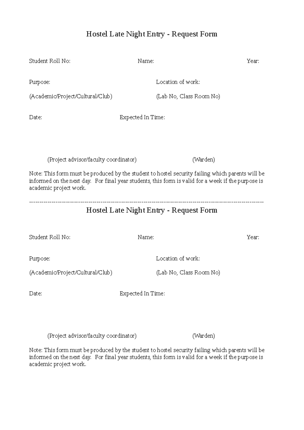 Hostel Late Night Entry Request Form - Hostel Late Night Entry ...