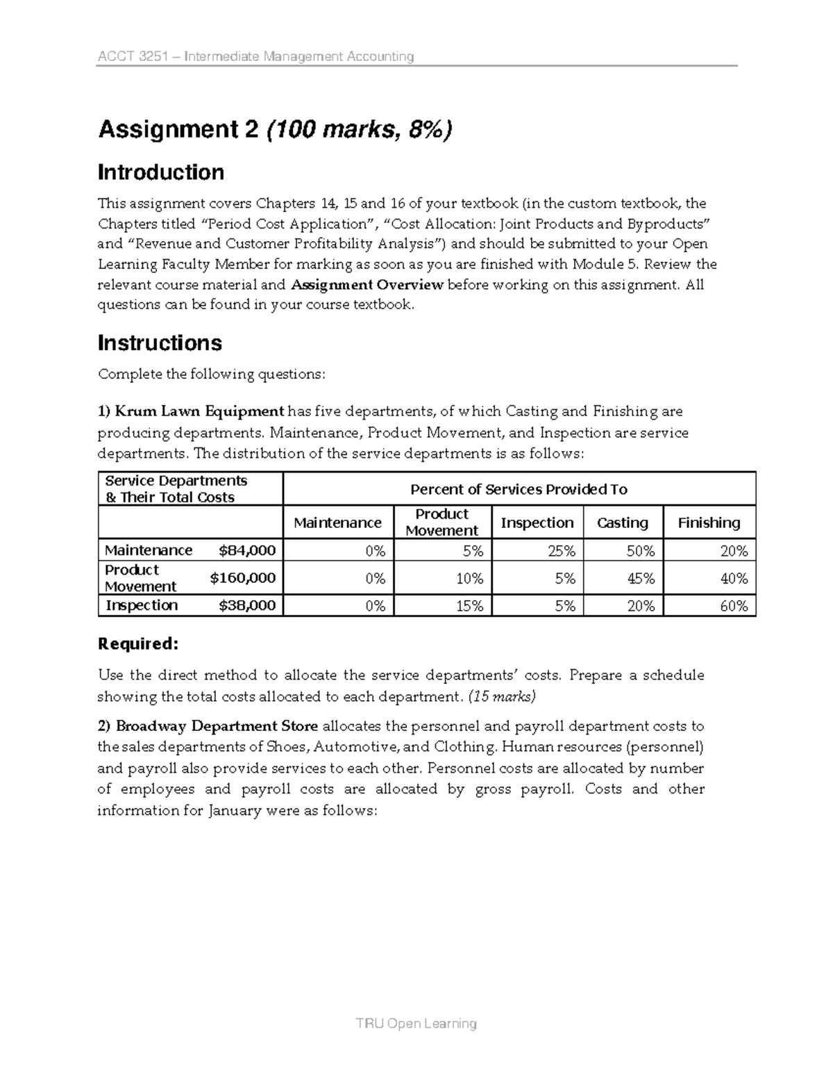 ACCT3251 AS2 - Instructions. - ACCT 3251 Intermediate Management ...